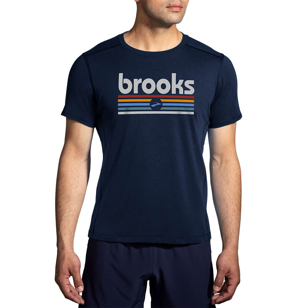 Brooks | Distance Short Sleeve 2.0 | Men's | Heather Navy/Brooks Track ...